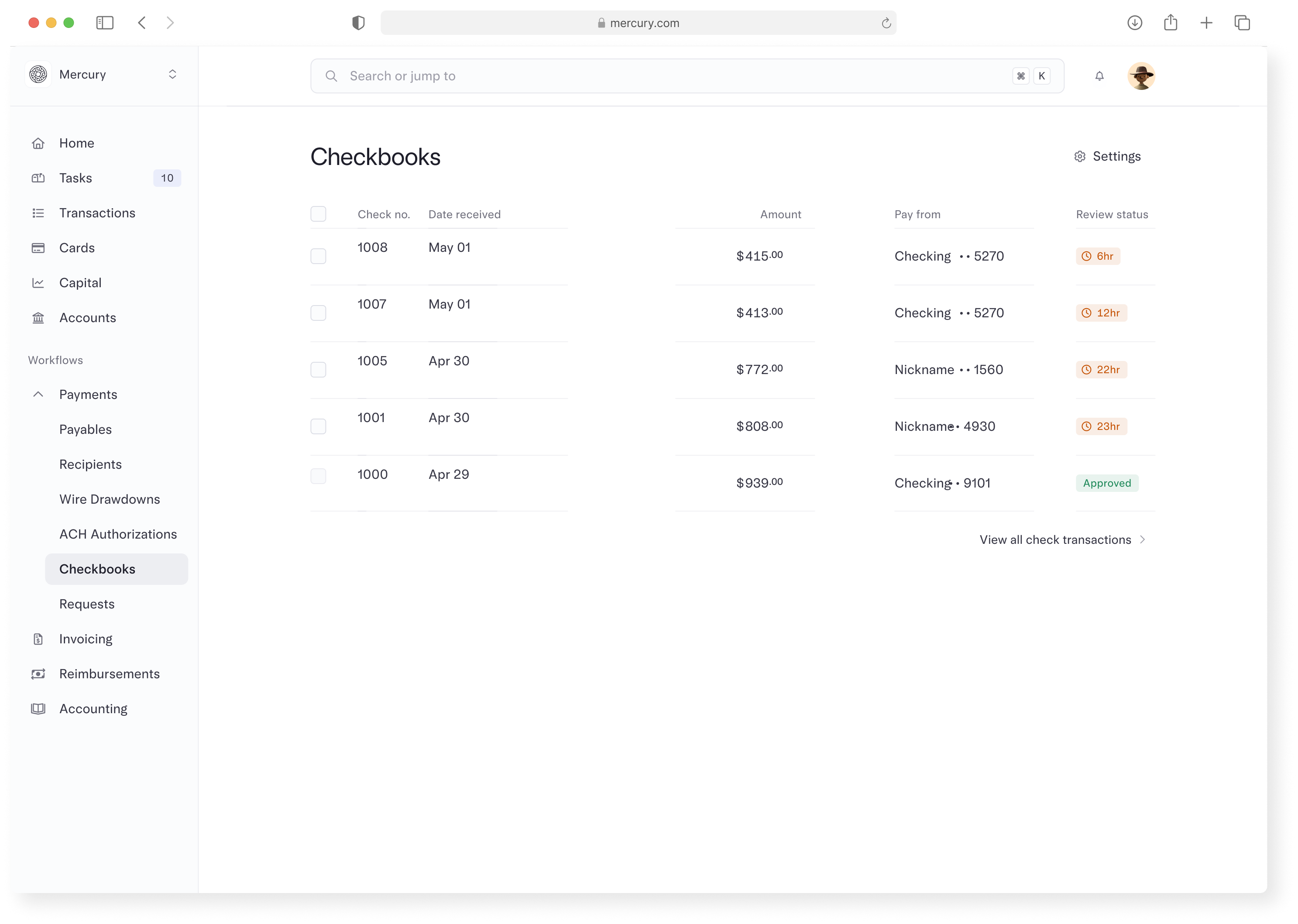 Checkbooks overview – Mercury